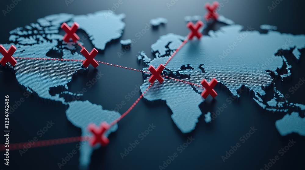 Tariffs policy restriction. World map with marked locations ...