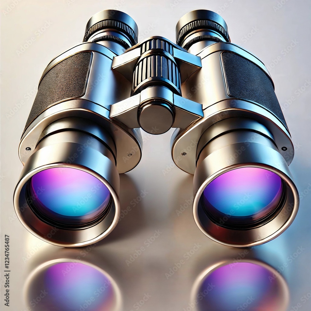This image shows a close-up of a modern metal binocular with large ...