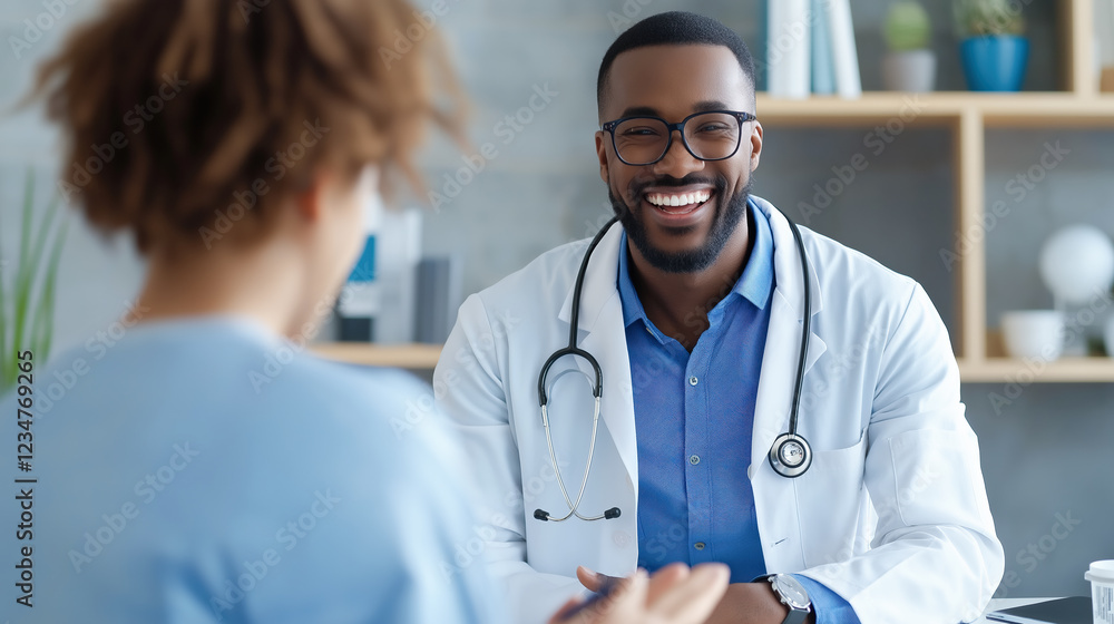 Friendly doctor smiles warmly during a consultation, engaging with a ...