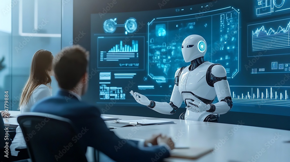 Business meeting with ai robot corporate office digital presentation ...