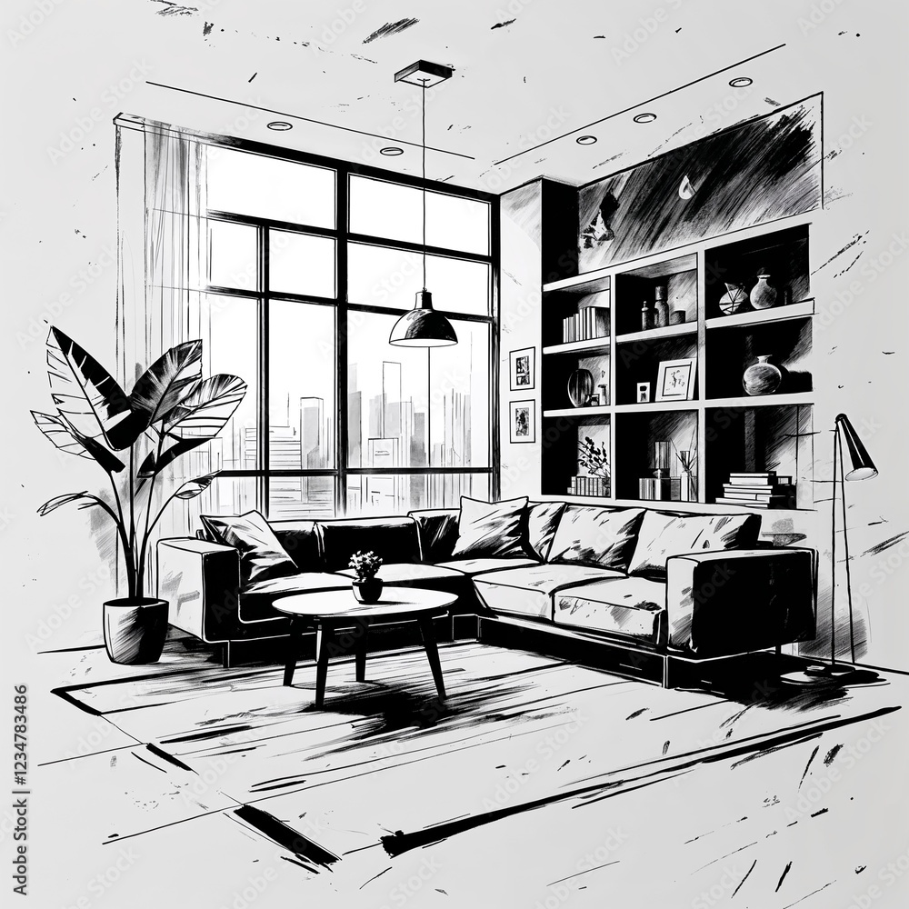 Hobby room area art black and white flat design simple line hand ...