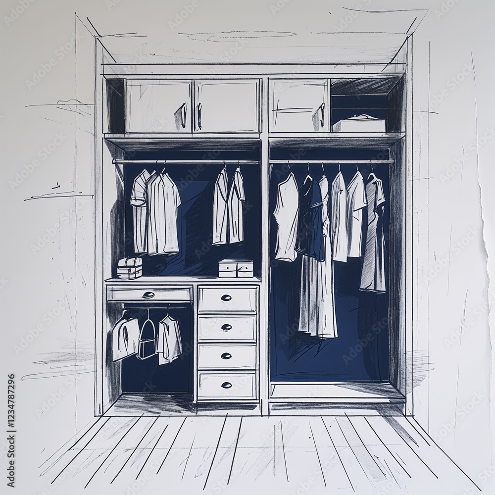 Walk in closet area art navy and white flat design simple line hand ...