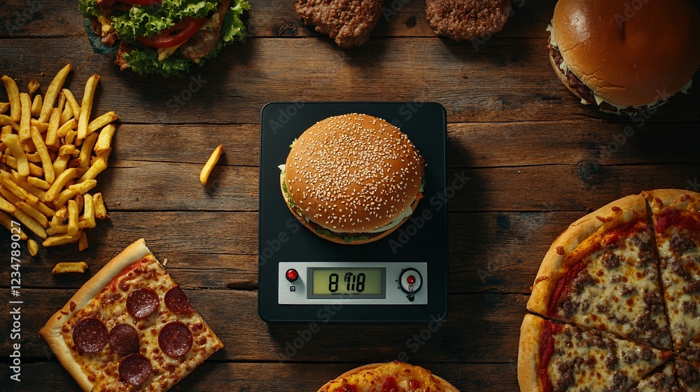 A single hamburger on a digital scale surrounded by various unhealthy ...