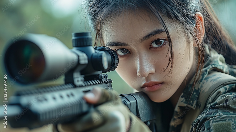 Thai female soldier in tactical training in the field, focusing on ...