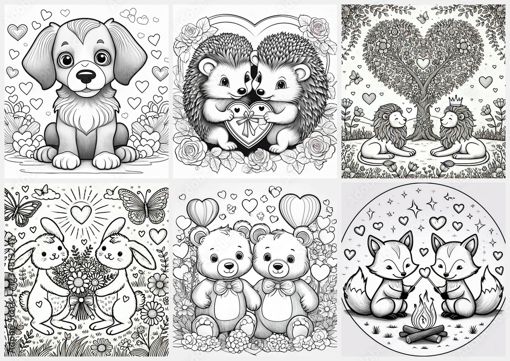 Adorable couple of valentine animals with heart. Animals for coloring ...