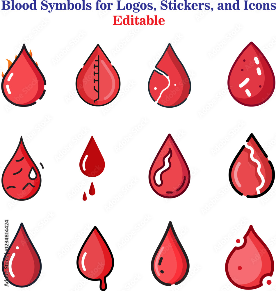 Blood Symbols for Logos, Stickers, and Icons. grid of twelve unique ...