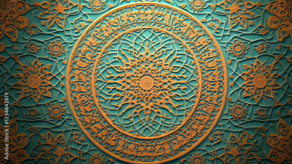 "intricate islamic art with arabesque design featuring teal and gold ...
