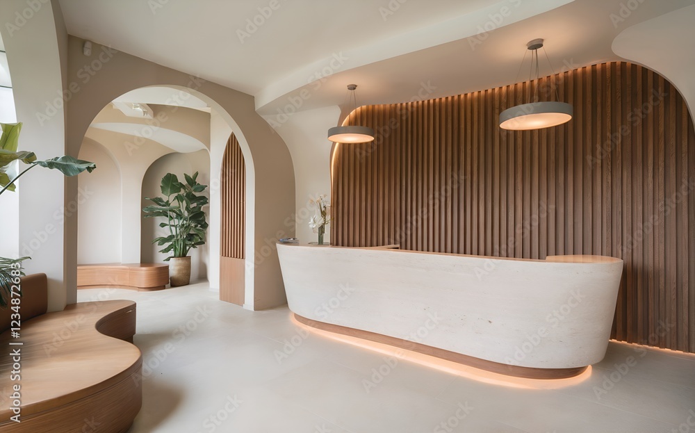 A warm, inviting reception area with curved designs and a large, mosaic ...