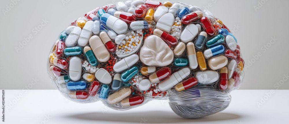 Opioids addiction harm reduction. A detailed 3D render of a brain model ...