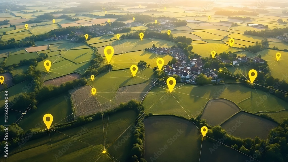 Aerial view of land with network markers representing land development ...
