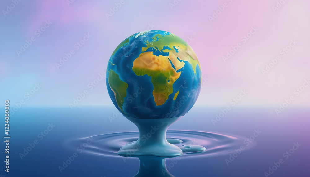 World globe melting on a reflective surface with a pastel sky, symbolizing global warming ...