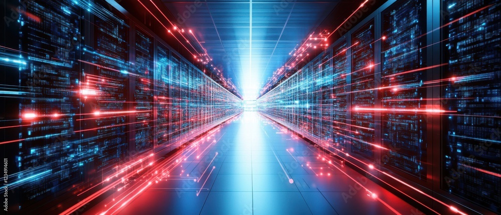 Data center server room with glowing red data streams and blue server ...