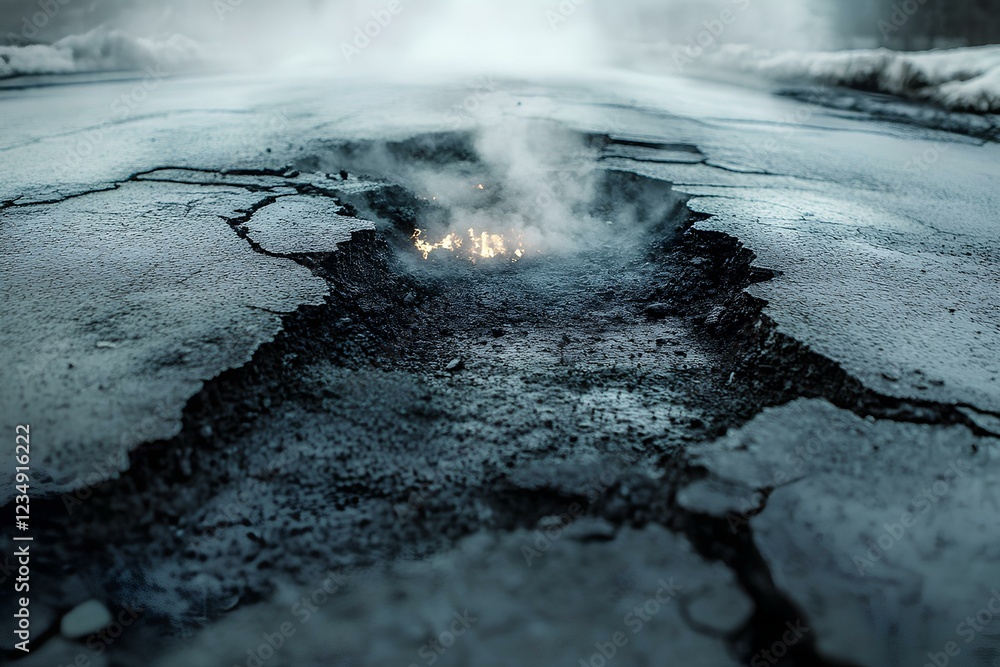 Cracked asphalt road caused by underground pipe explosion during winter ...