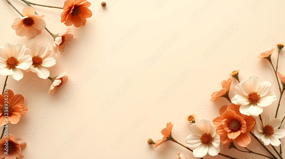 lat pastel background with a hand-painted red and orange spring flower ...