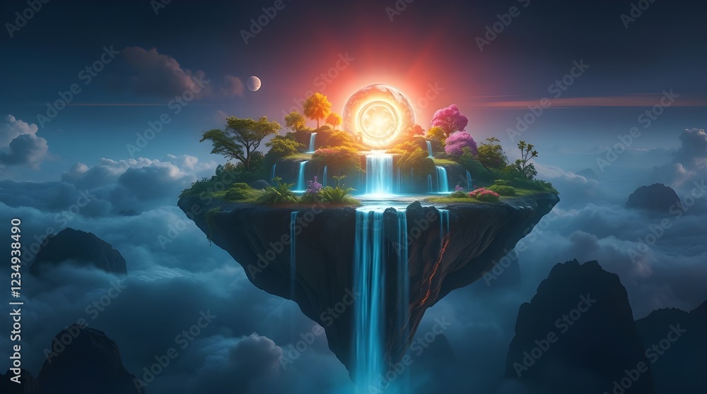 Floating Island with Glowing Waterfalls for 4K Gaming Wallpaper Stock ...