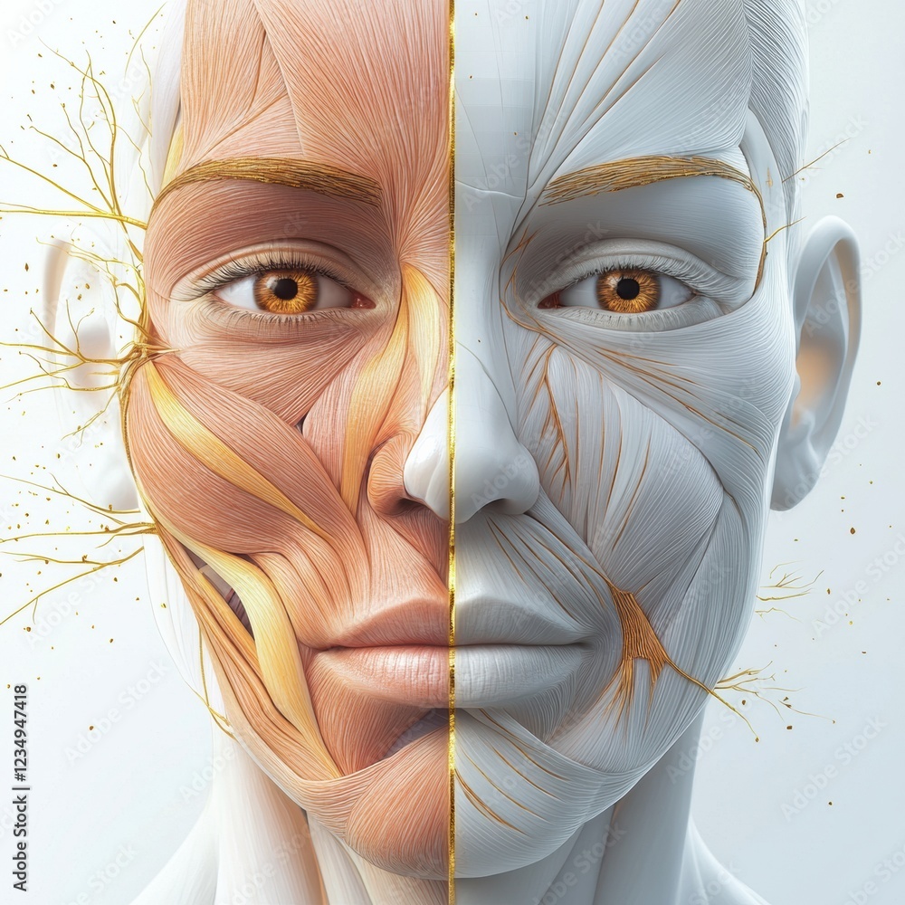 Detailed anatomical illustration showing facial muscles and contours ...