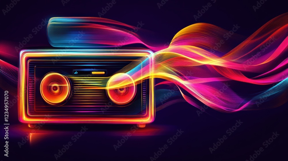 Retro radio emitting vibrant sound waves, dark background, music promo ...