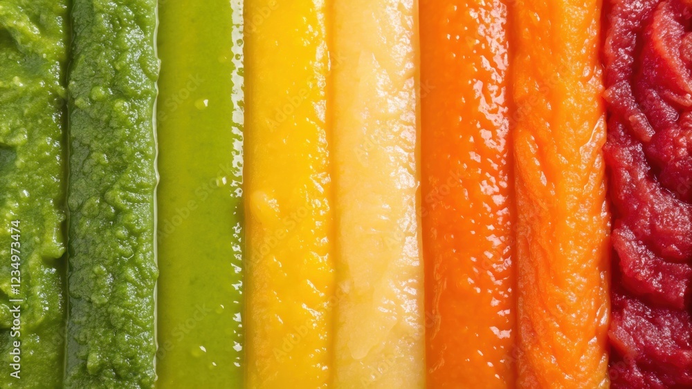 Different kinds of vegetable puree are forming a gradient of colors ...