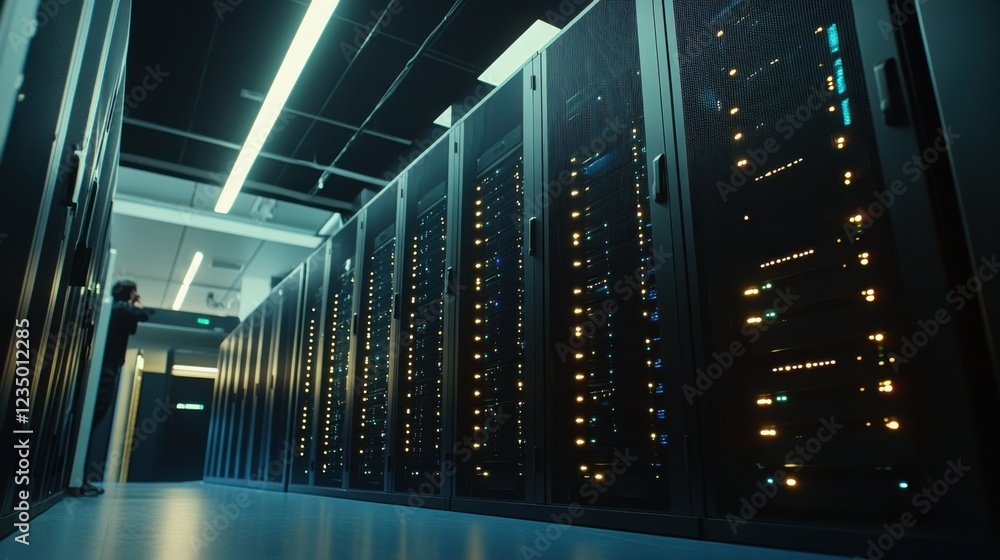 A high-security data center with rows of servers blinking with ...