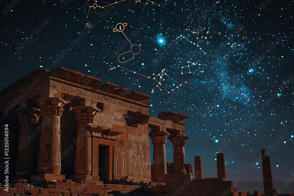An ancient Egyptian temple stands under a breathtaking night sky ...
