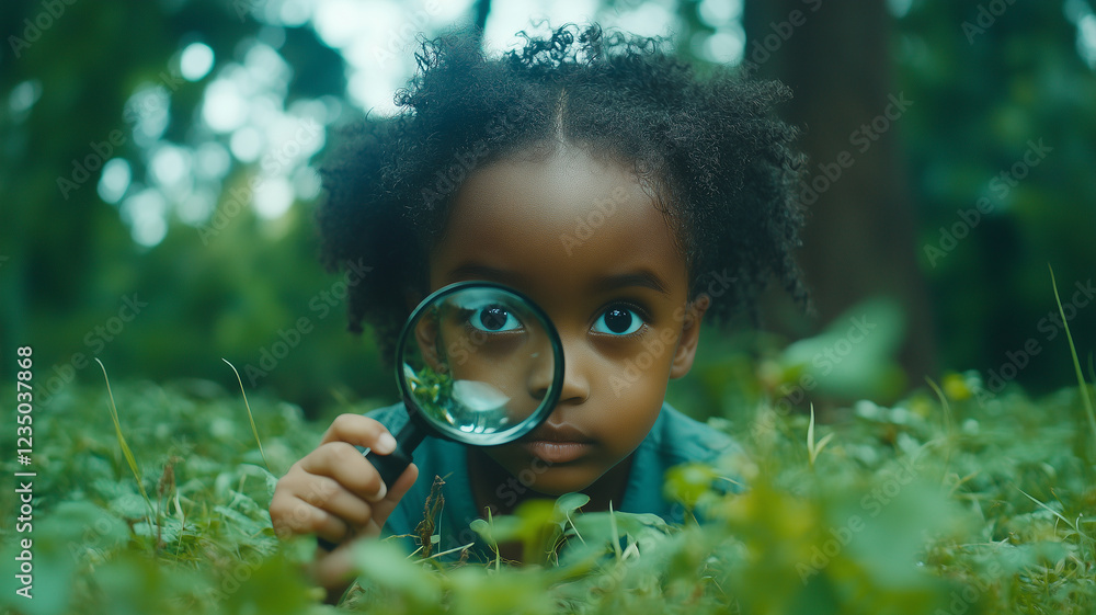 curious little girl exploring nature with magnifying glass, surrounded ...