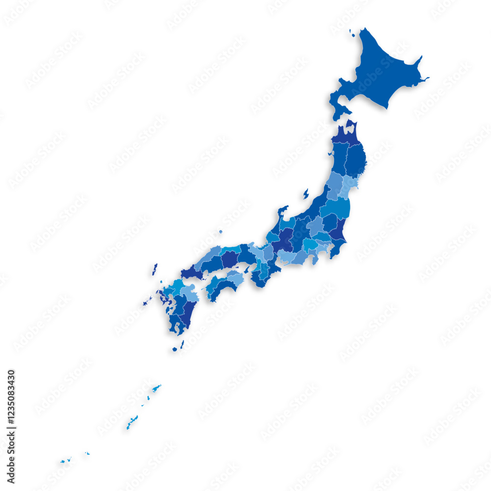 Japan map with border highlighted regions, states, isolated on white ...
