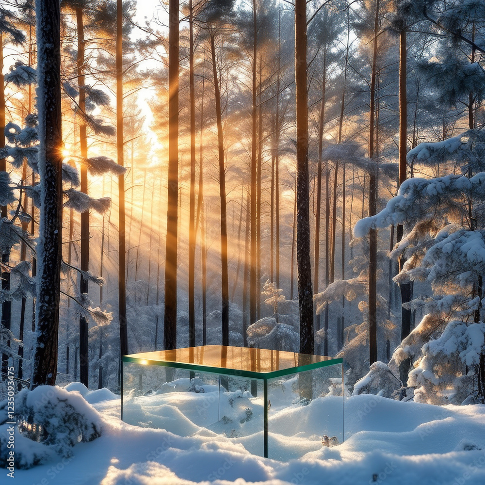 Winter Solstice product display podium background, Frosted Forest glow ...