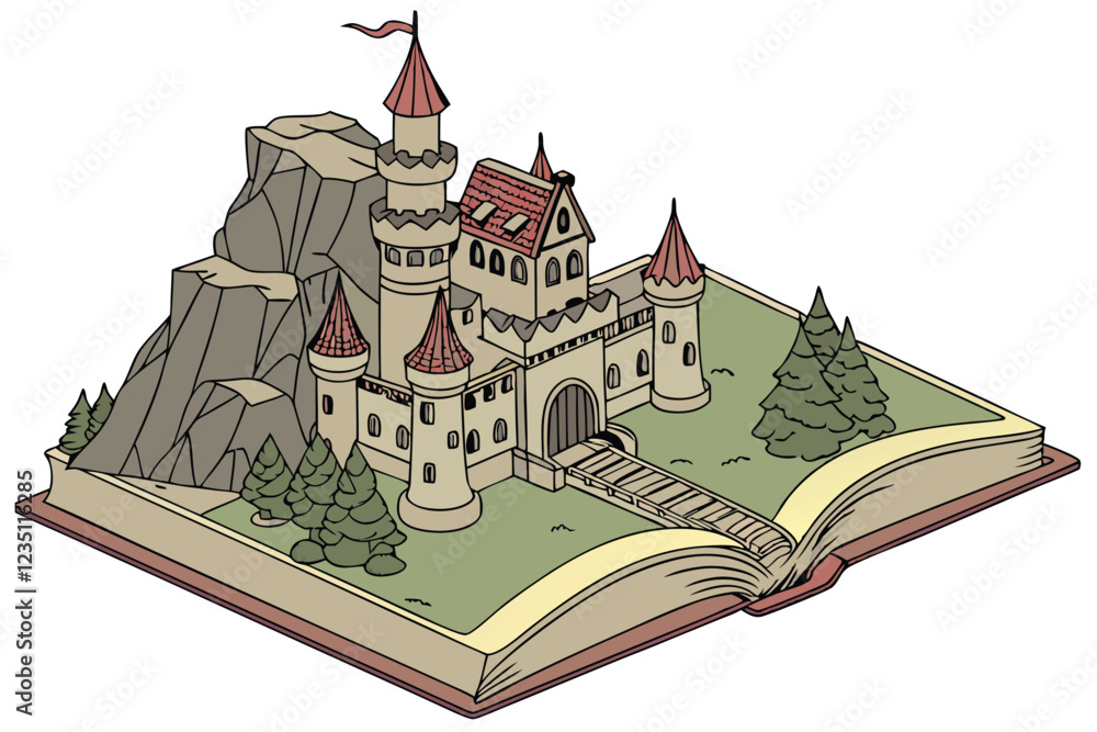 Fantasy castle, pop-up book, 3D illustration, intricate architecture, medieval fortress, magical ...