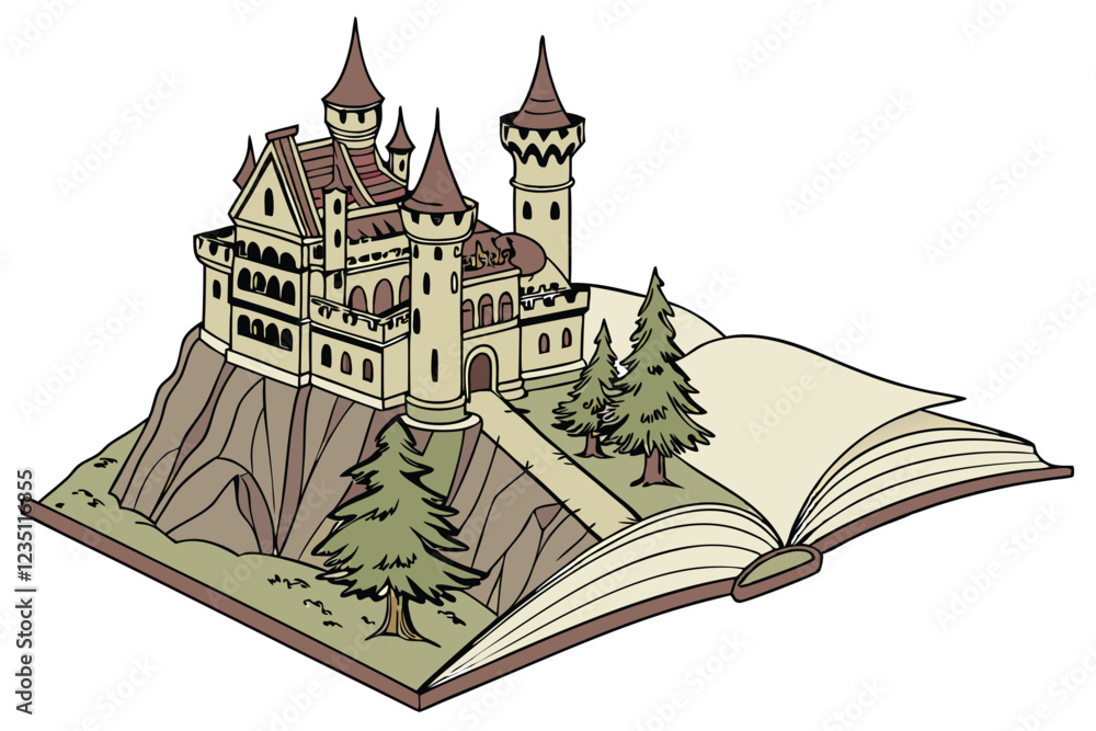 Fantasy castle, pop-up book, 3D illustration, intricate architecture, medieval fortress, magical ...