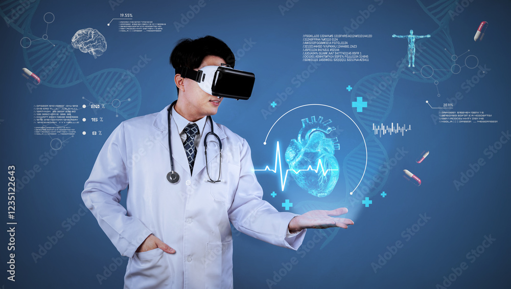 Smart doctor wearing VR goggle and holding human organ hologram ...