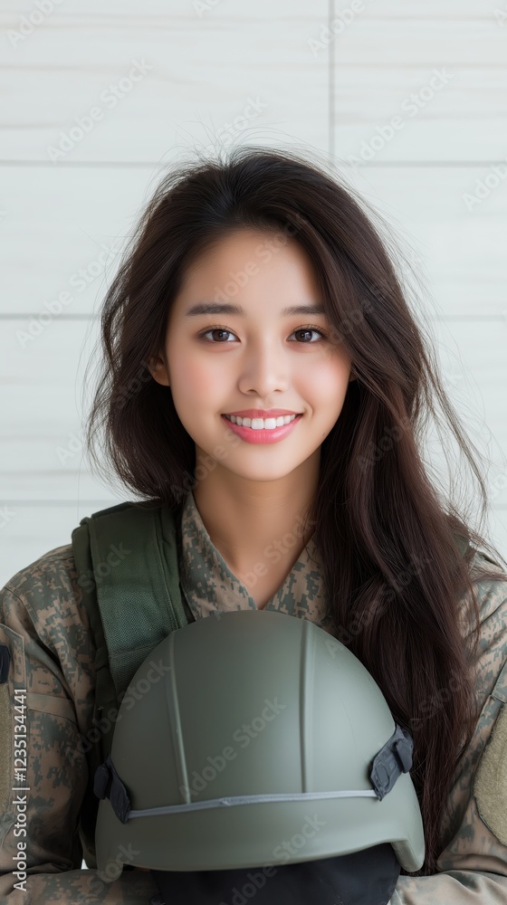 Asian female soldier proudly holding a helmet while posing against a ...