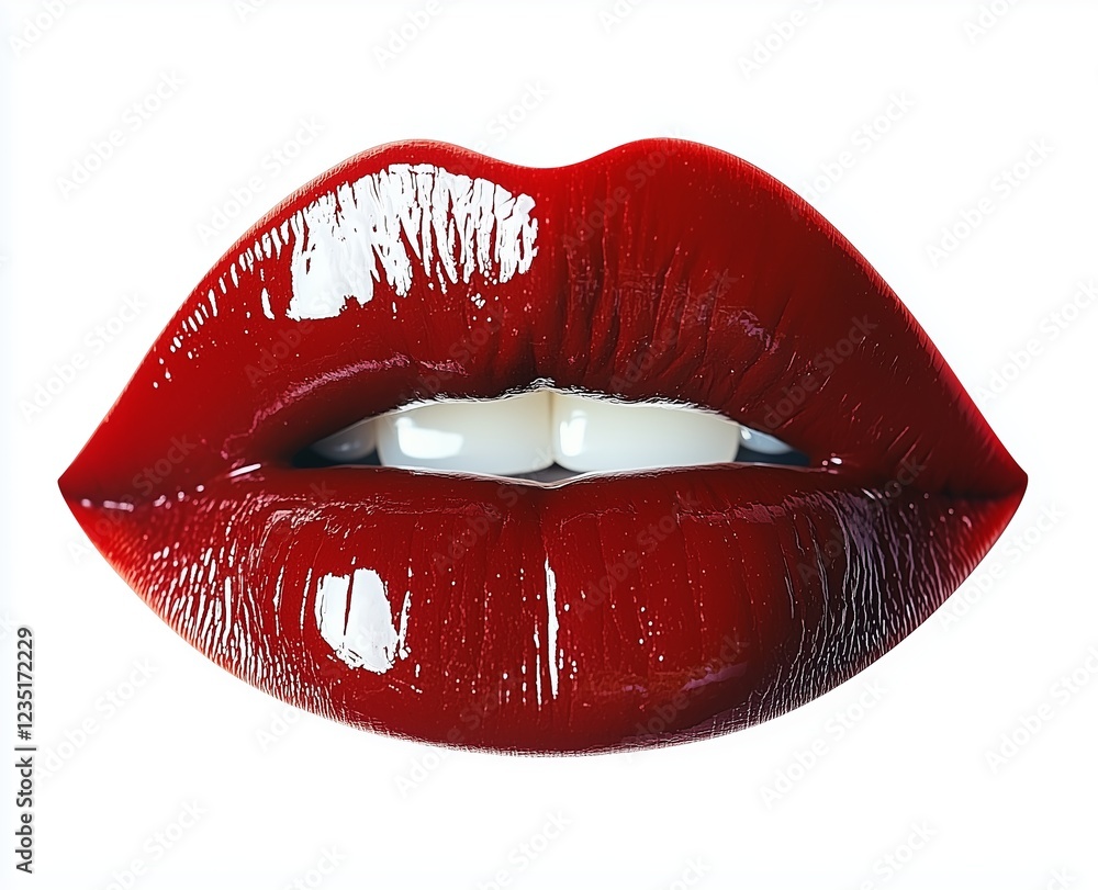 Bright red lips with a glossy sheen. A close-up of rich red lips with a ...