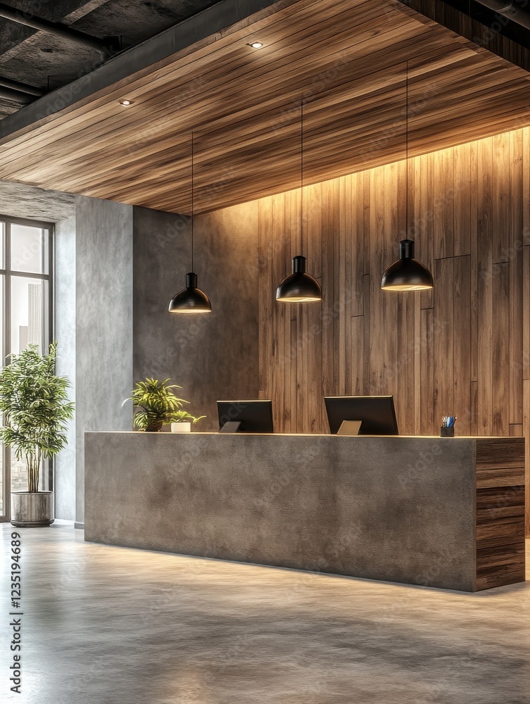 Bright concrete and wooden office lobby interior with reception desk ...