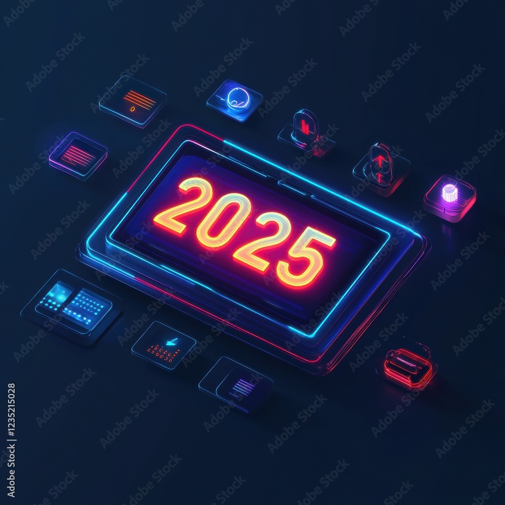 Futuristic digital calendar displaying the year 2025 with glowing ...