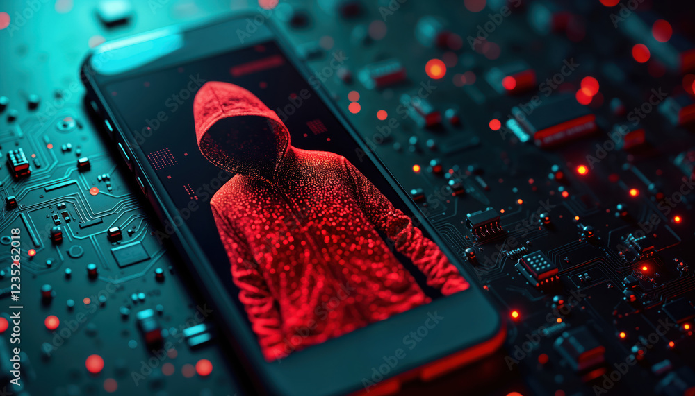 Smartphone screen shows hacking attempt. Red graphic hoodie figure ...