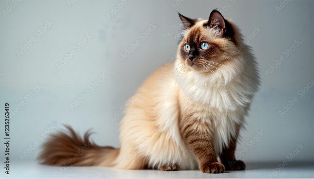Elegant ragdoll cat sits gracefully showing full body against simple ...