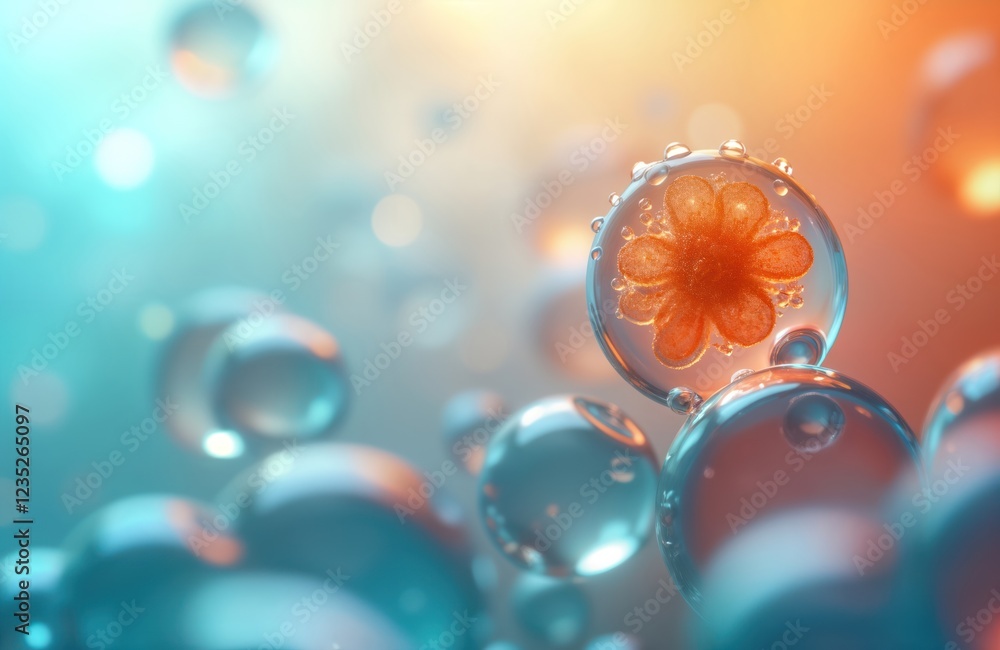 Microscopic view of coenzyme Q10 molecule. Orange flower shaped ...