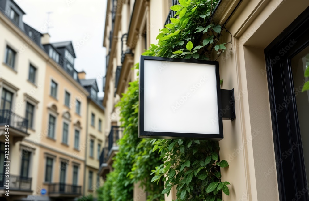 Empty square shop sign on building exterior. Modern design mockup for ...