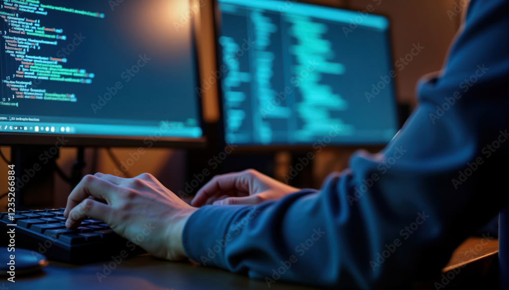 Programmer types code on keyboard in tech workspace. Hands on keyboard illuminated by glowing ...