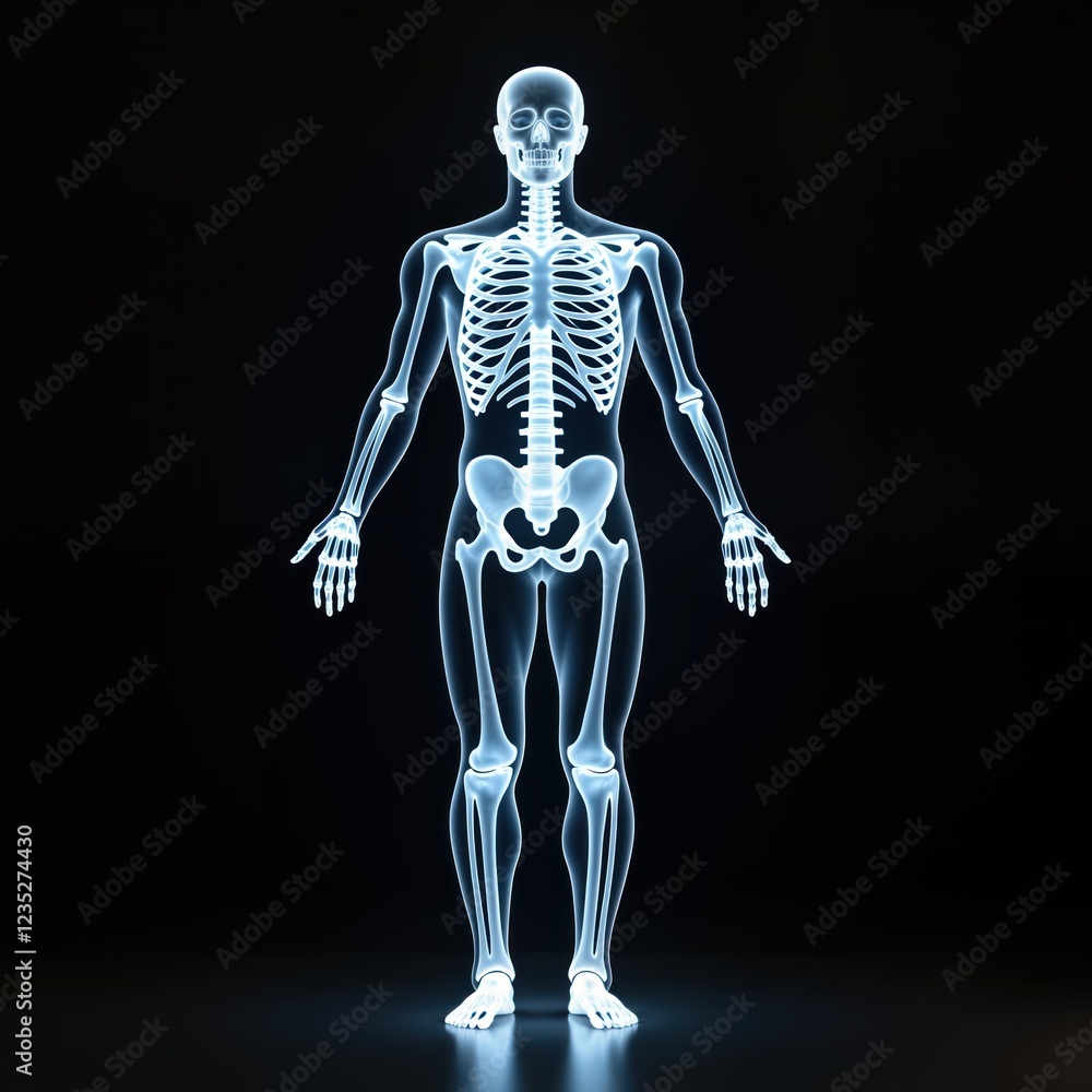 Digital full body scan shows human skeleton on screen. Futuristic tech ...
