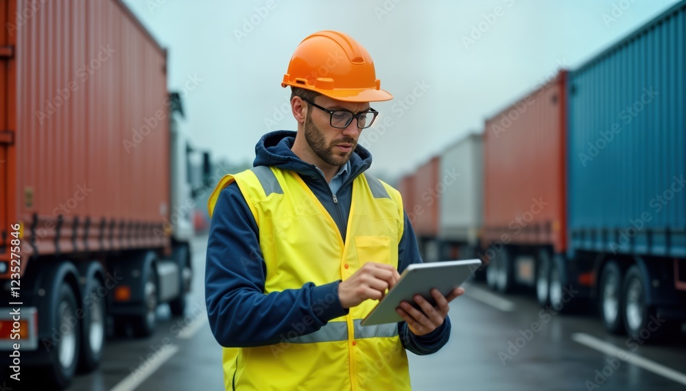 Logistics manager uses tablet to track truck fleet. Monitors cargo ...