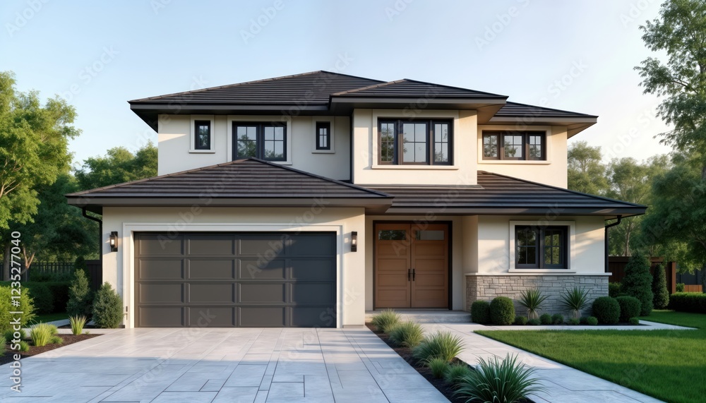 Modern house exterior features large driveway, walkway. Contemporary ...