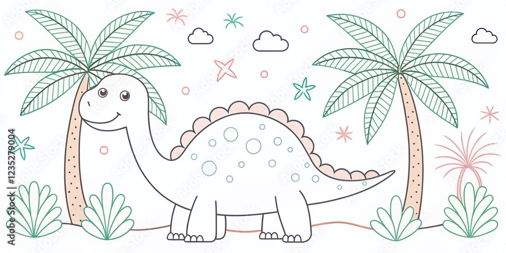 Dinosaur Coloring Page with Palm Tree Background Stock Illustration ...