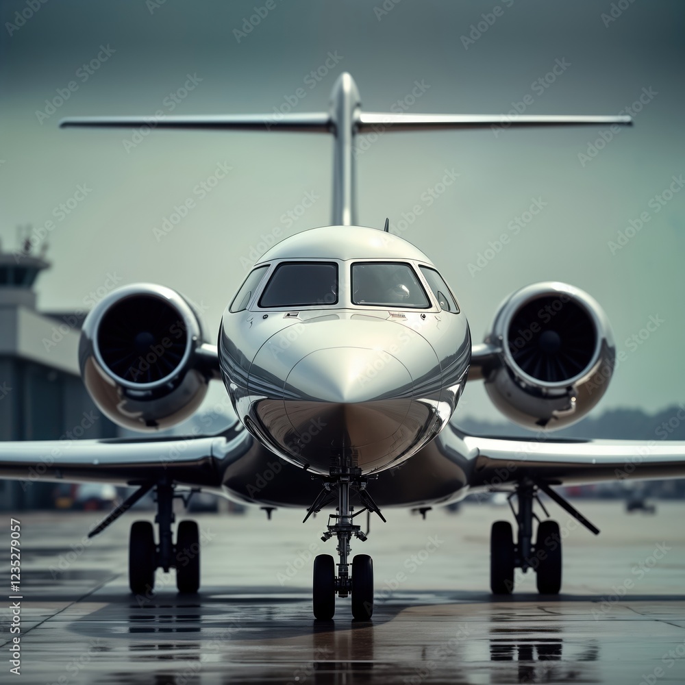 Elegant private jet stands on airport tarmac. Modern aircraft gleaming ...