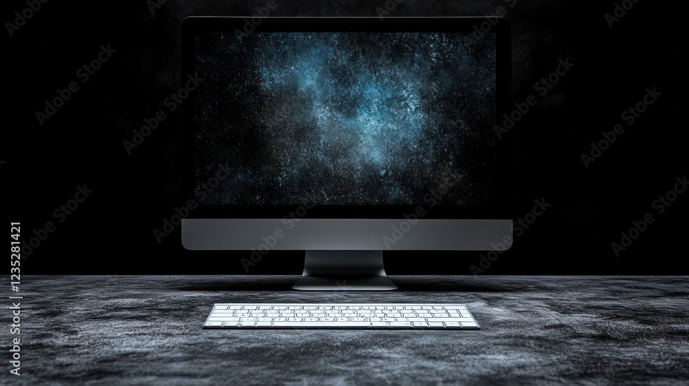 Foto de Stock Dark room, computer screen shows nebula, keyboard ...