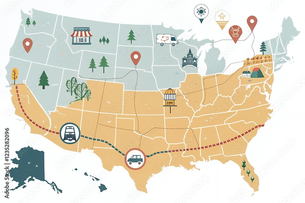 USA Road Trip Map Illustration Travel Adventure Vacation Route Stock ...