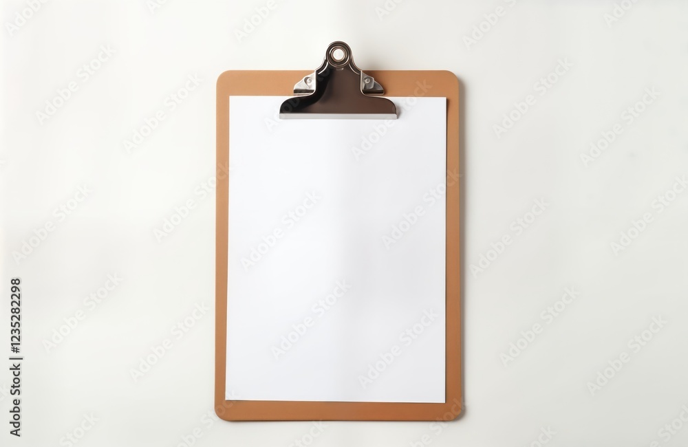 Blank clipboard with white paper sits against plain white background ...