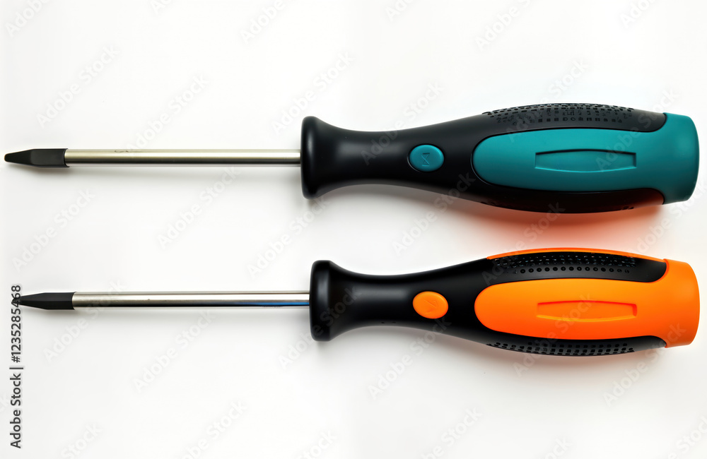 Two screwdrivers shown on transparent background. One teal, orange ...