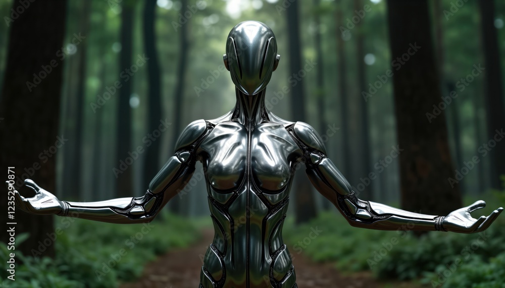 Metallic humanoid figure stands in dark forest with arms open ...