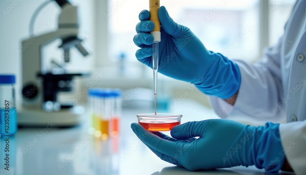 Lab tech examines saliva sample using pipette for toxicology report ...